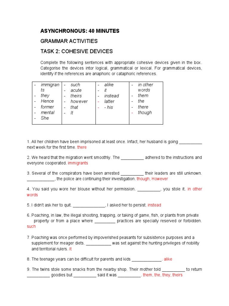 Asynchronous - Grammar - Task 2 - Cohesive Devices - Answer Key | PDF ...