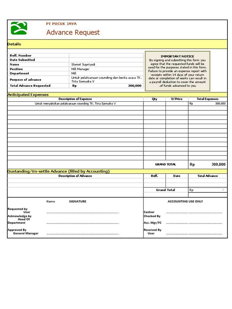 Form Advance TK. Tirta Samudra V | PDF | Business | Financial Accounting