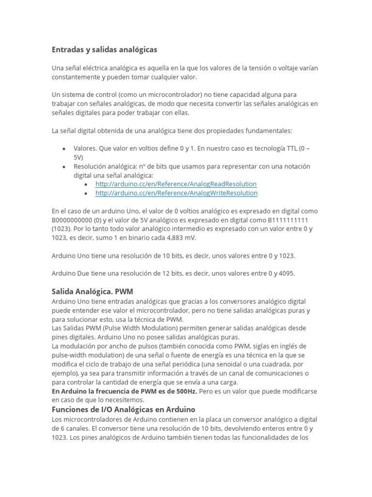 Entradas y Salidas Analogicas de Arduino | Descargar gratis PDF | Señal analoga | Electricidad