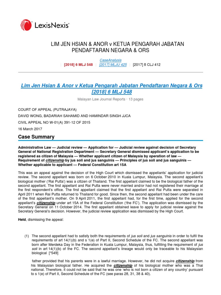 Lim Jen Hsian & Anor V Ketua Pengarah Jabatan Pendaftaran Negara & Ors, (2018) 6 MLJ 5 | PDF ...