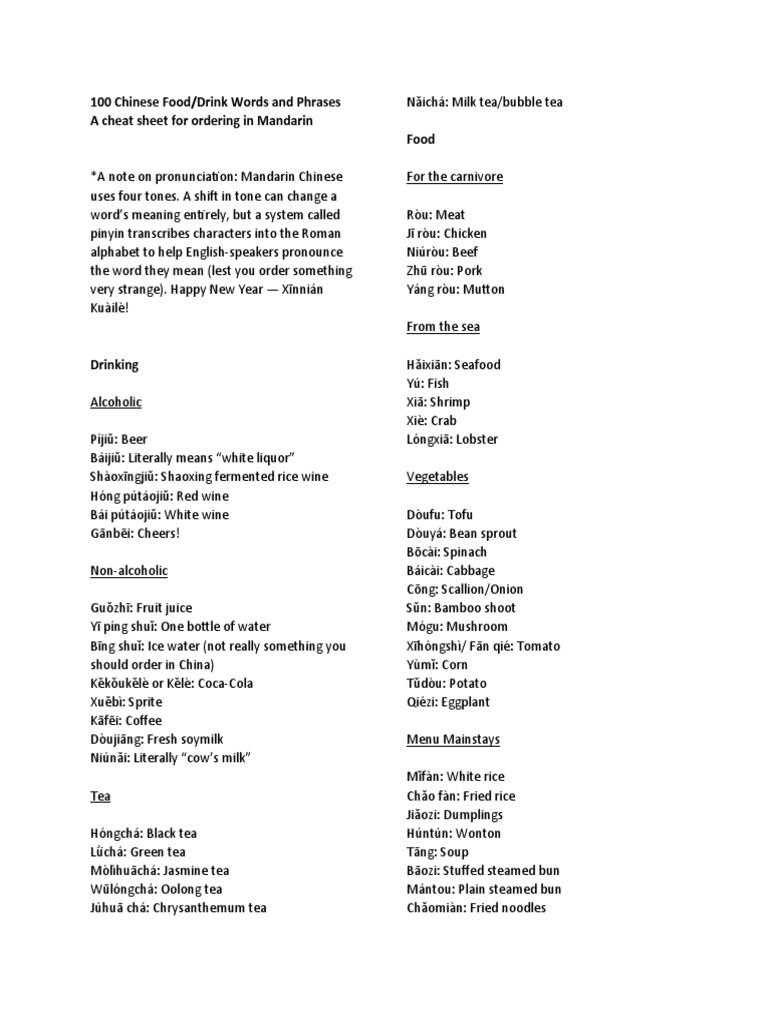 100 Chinese Food/Drink Words and Phrases A Cheat Sheet For Ordering in ...
