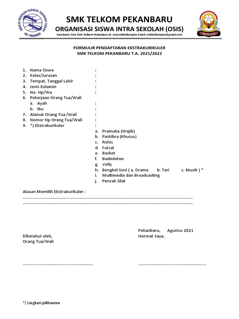 Formulir Pendaftaran Ekstrakurikuler Musik | PDF Formulir Pendaftaran Ekstrakurikuler Musik | PDF