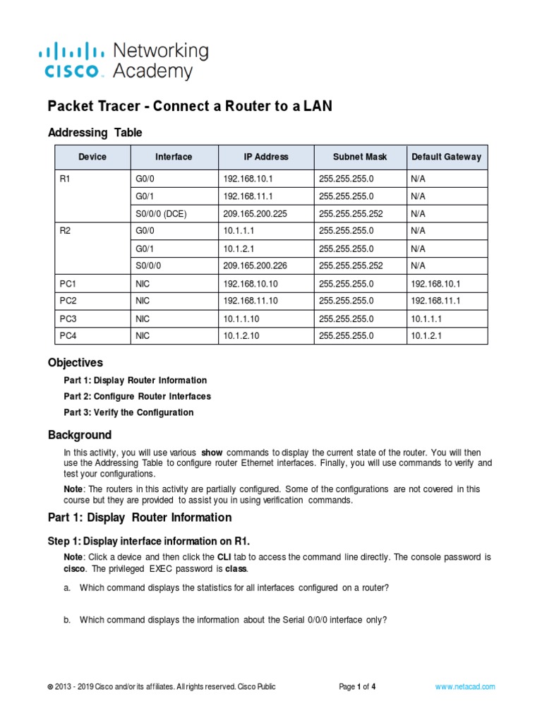 10.3.4 Packet Tracer Connect A Router To A Lan | PDF | Router (Computing) | Routing
