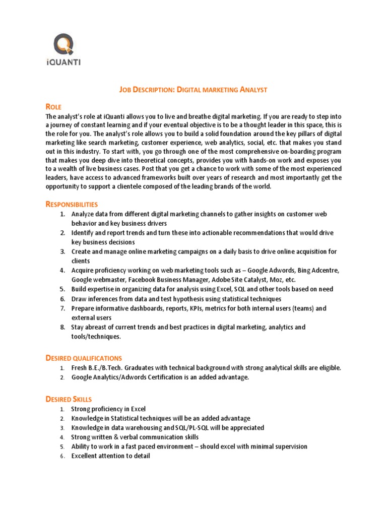 Job Description - Digital Marketing Analyst | PDF | Analytics | Digital ...