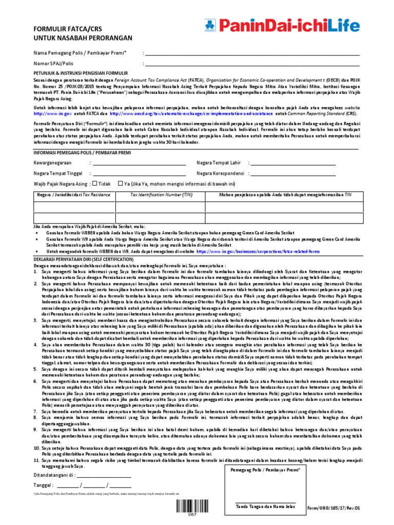 Formulir Fatca/Crs Untuk Nasabah Perorangan | PDF