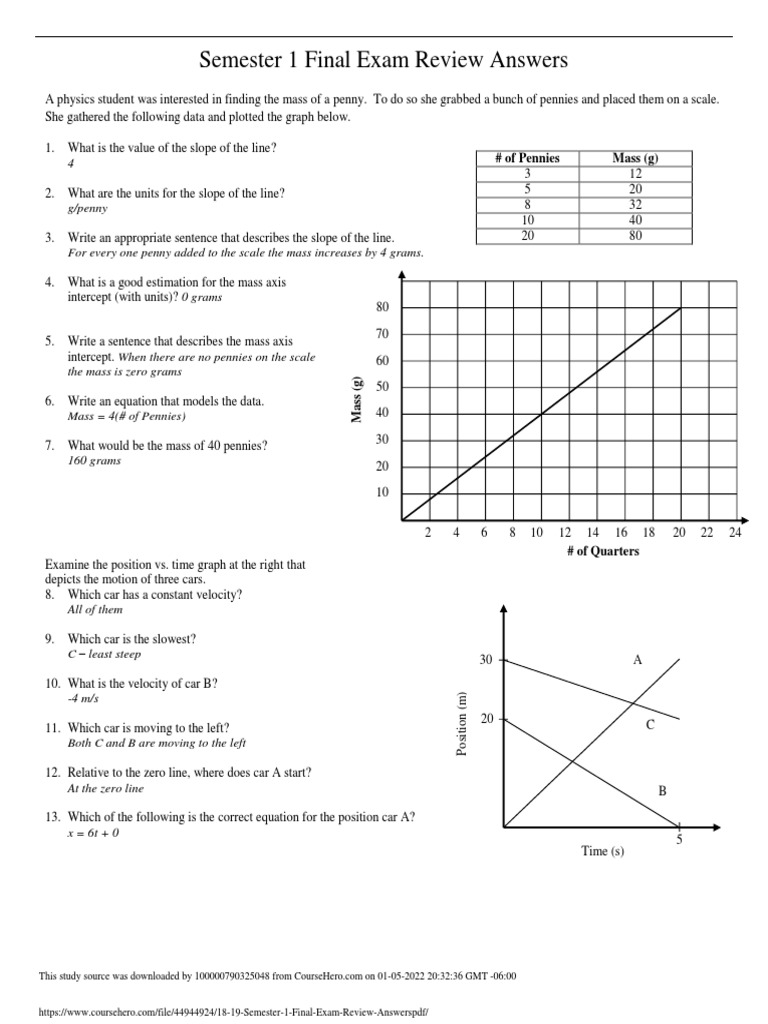 18 19 Semester 1 Final Exam Review Answers PDF | PDF | Force | Velocity