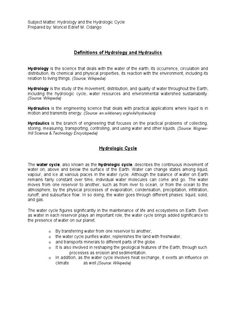 Definitions of Hydrology and Hydraulics: (Source: Wikipedia) | PDF ...