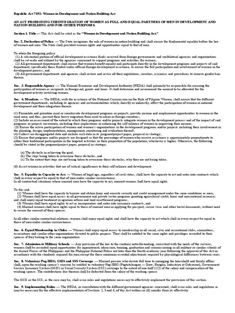 RA 7192 Women in Development Nation Building Act of 1992 NOTES | PDF ...