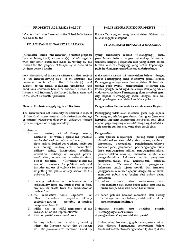 Wording PAR Standar Munich Re - Property-All-Risks-Policy | PDF