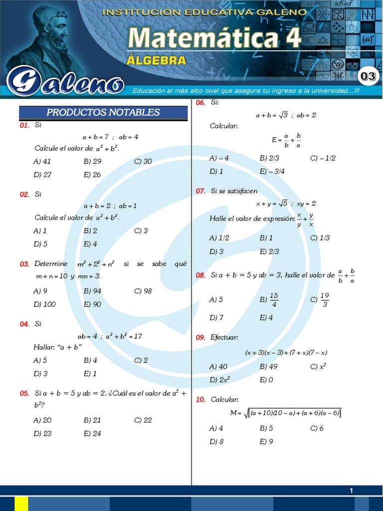 Material de Algebra 4to Secundaria Prod. Notables | PDF | Matemáticas