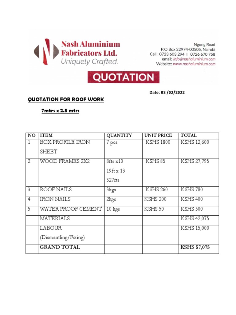 Quotation For Roof Work | PDF | Technology & Engineering