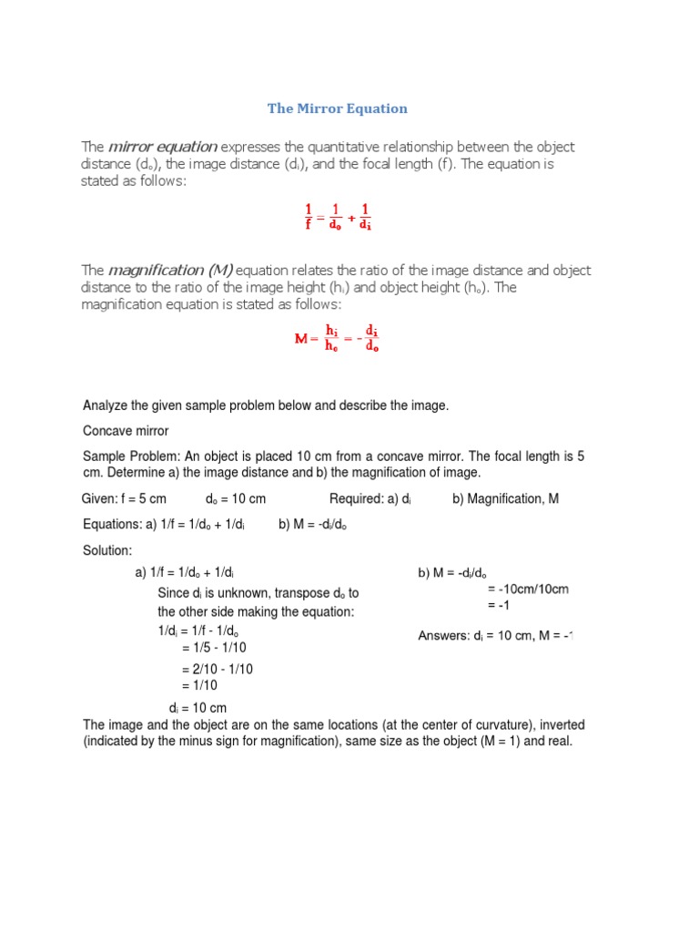 The Mirror Equation, Magnification and Sample Problems | PDF