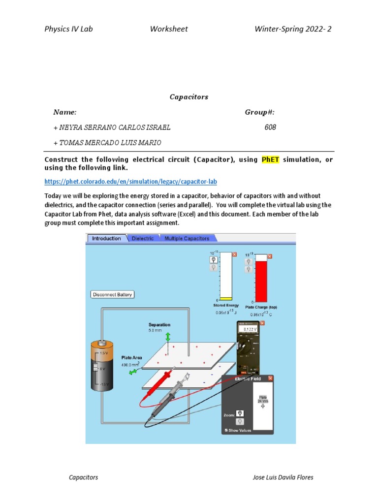 Physics IV Lab Worksheet Winter-Spring 2022-2: Capacitors Name: Group ...