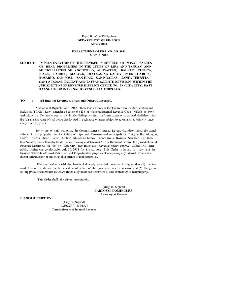 DEPARTMENT ORDER NO. 058-2018 RDO No. 59 - Lipa City, East Batangas ...