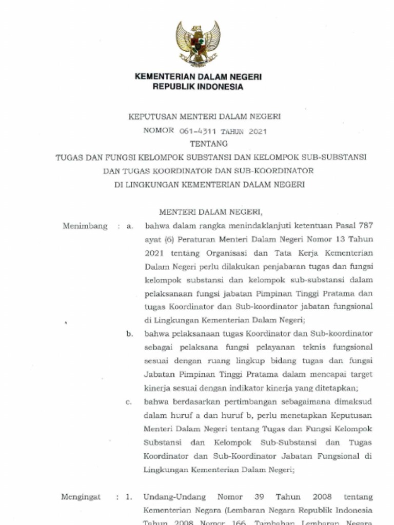 Kepmendagri 061-4311 Tahun 2021 TTG Tusi Kel Subs Dan Kel Sub-Subs Dan Tugas Koor Dan Subkoor | PDF
