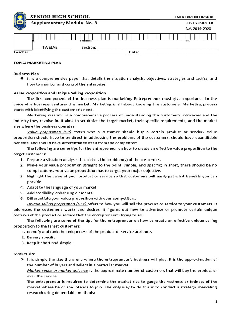 Senior High School Supplementary Module No. 3: Entrepreneurship ...