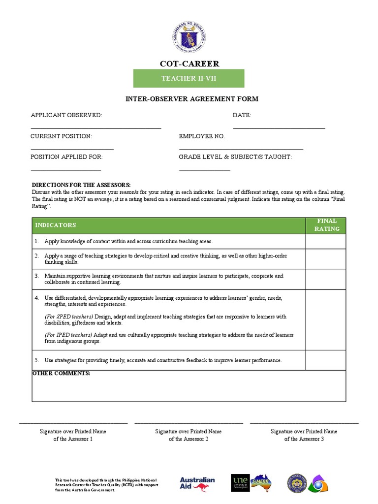 COT-TR Inter-Observer Agreement Form | PDF | Learning | Intellectual ...