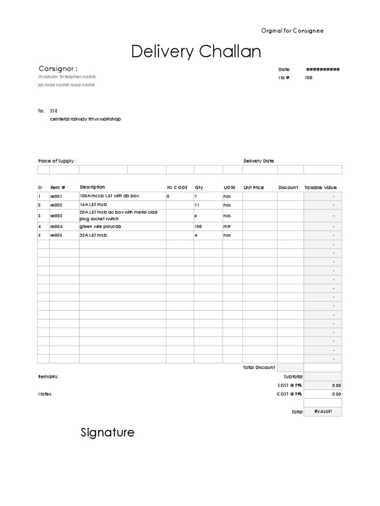 Delivery Challan Format Excel Pdf