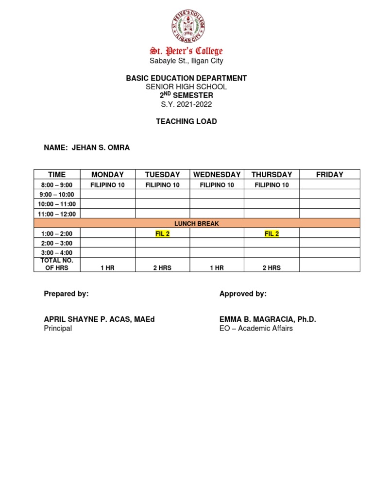 St. Peter's College Senior High Teaching Load | PDF | Academic Term ...