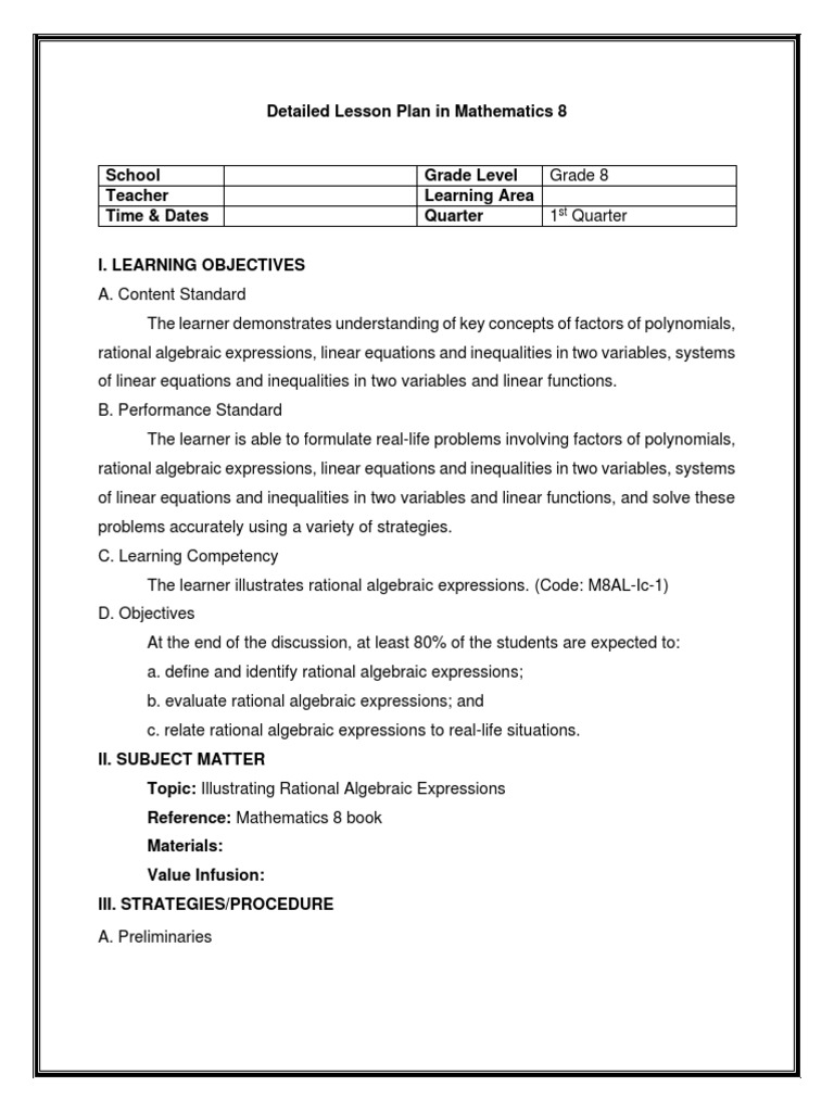 Detailed Lesson Plan in Mathematics 8 | PDF | Equations | Variable ...