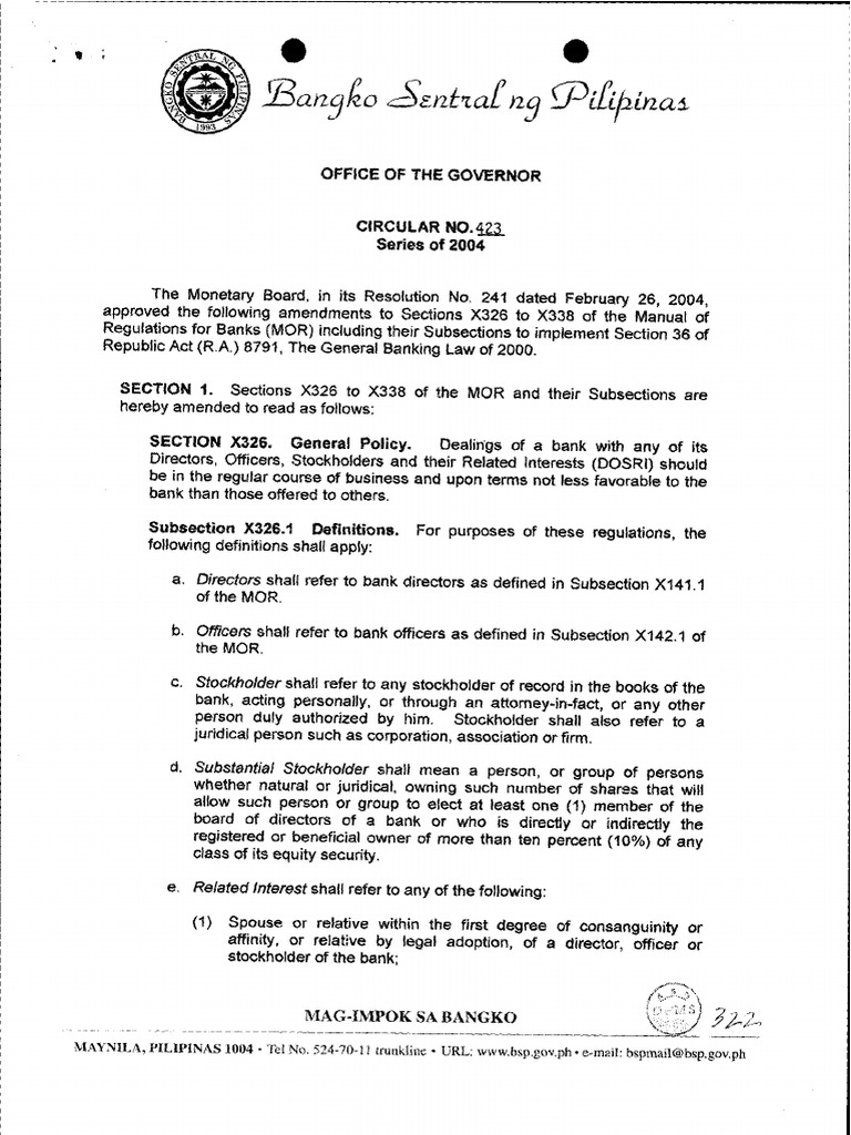 BSP Circular 423, S 2004 (DOSRI Transactions) | PDF