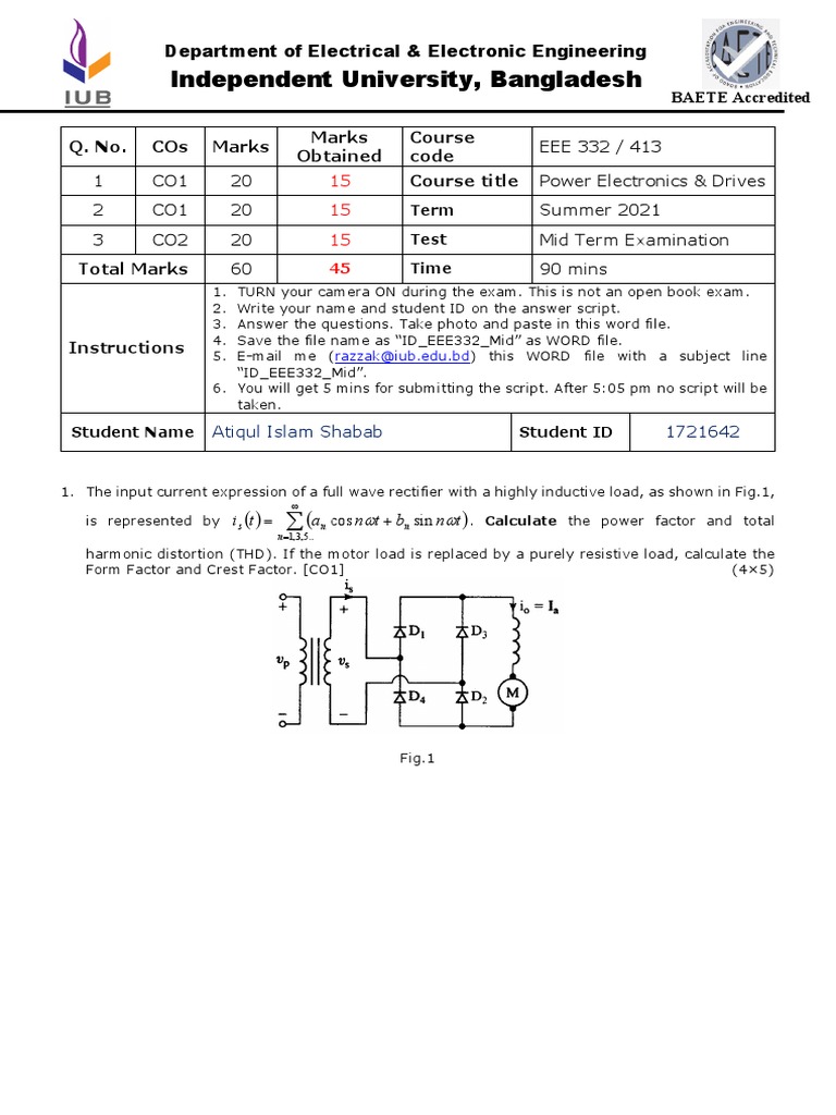 EEE 332 Summer 2021 Mid Poor | PDF | Rectifier | Electrical Engineering