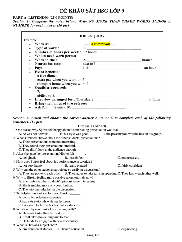 Grade 9 Listening and Language Assessment | PDF | Physical Fitness ...