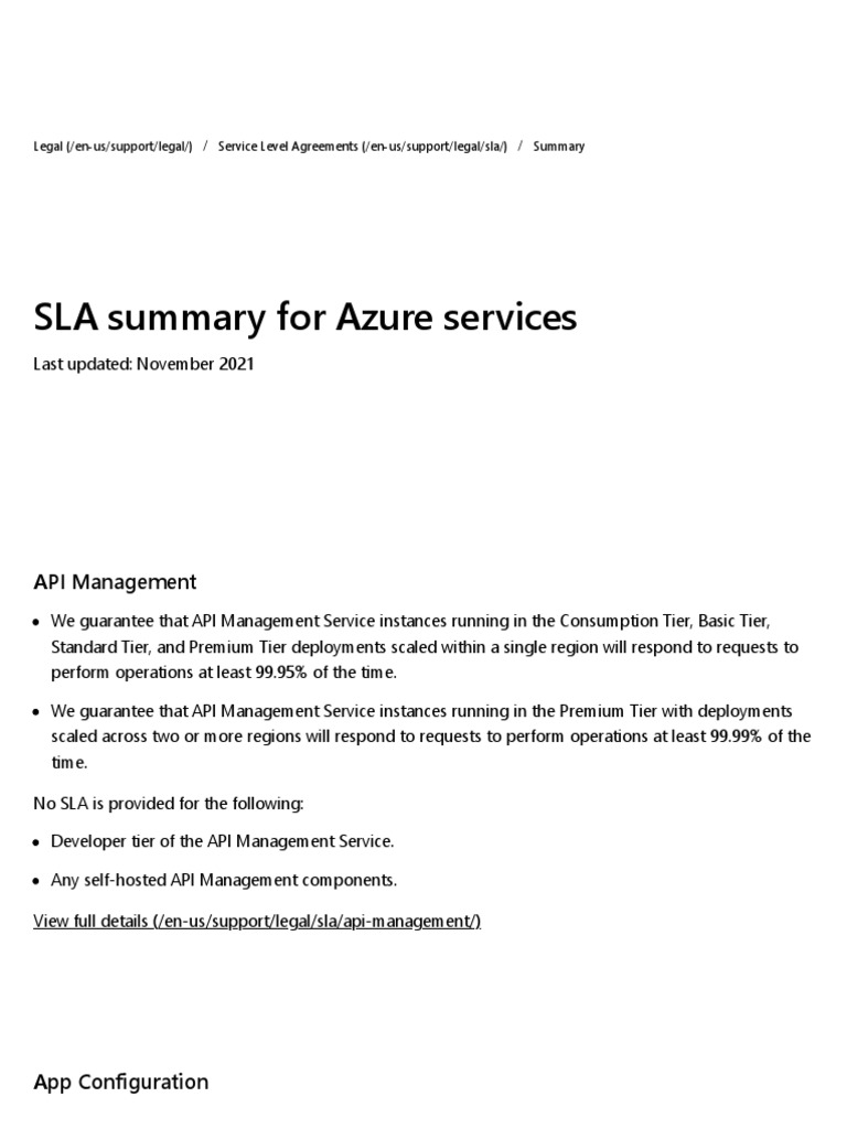 Service Level Agreements Summary - Microsoft Azure | PDF | Microsoft ...