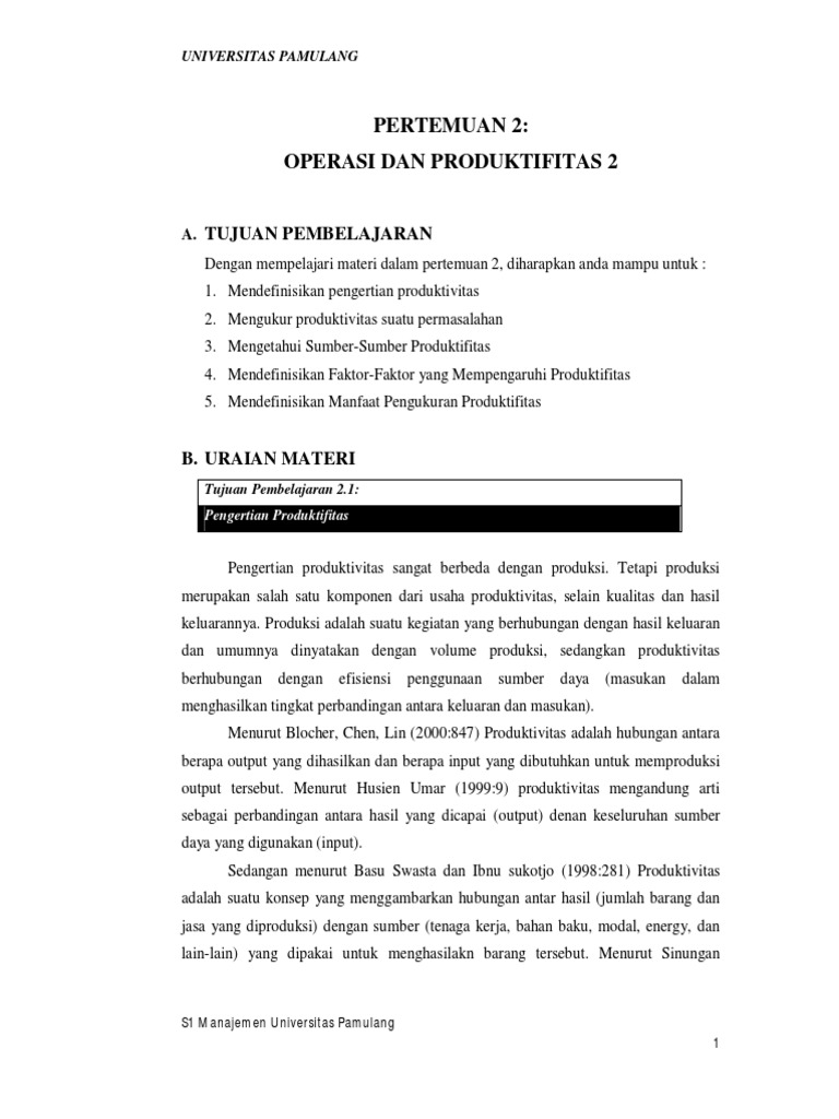 PERTEMUAN KE-2 - Operasi - Produktifitas2 | PDF