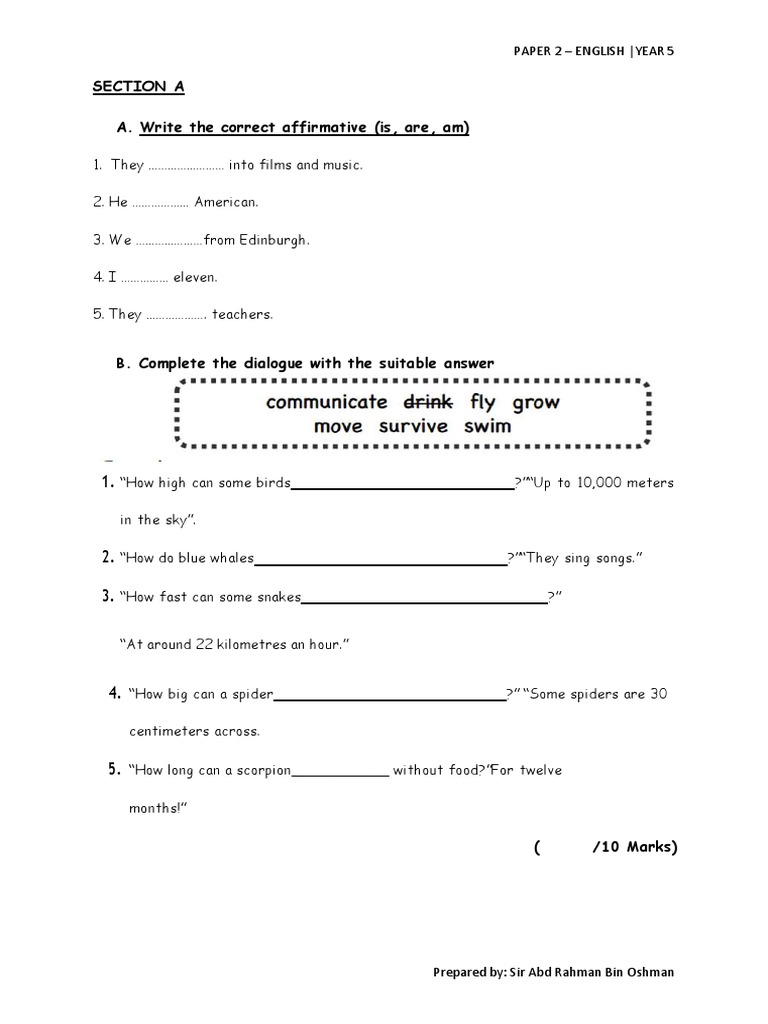 Year 5 English Exam Paper Guide | PDF | Linguistics
