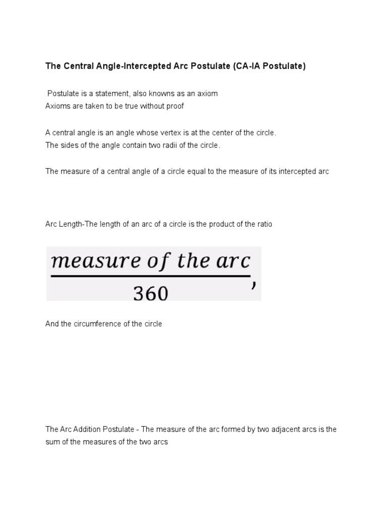 The Central Angle-Intercepted Arc Postulate, The Inscribed Angle ...