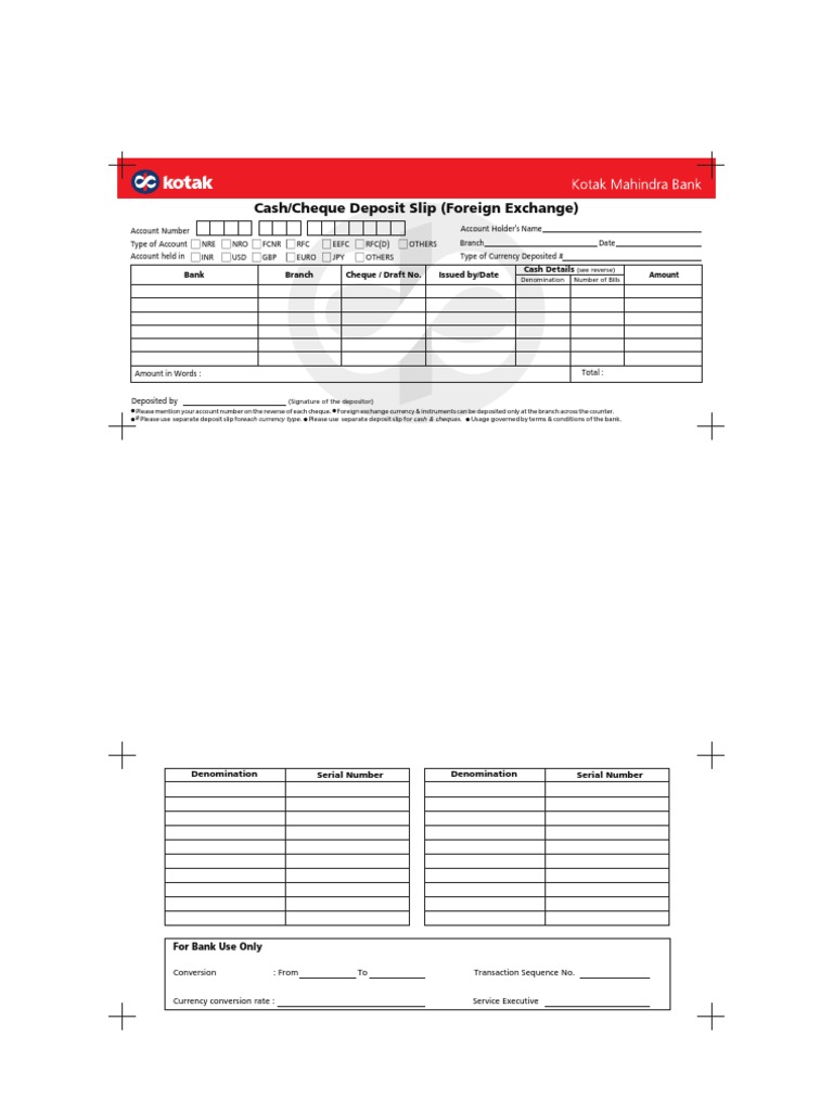 Cash/Cheque Deposit Slip (Foreign Exchange) : L L L L L | Download Free ...