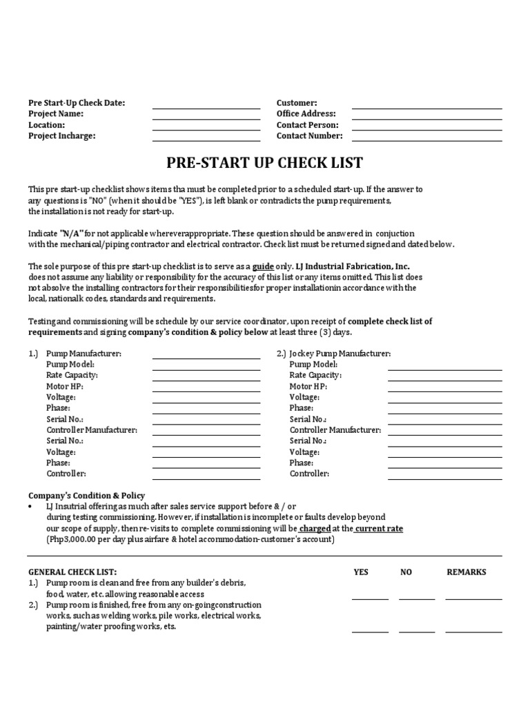 Fire Pump PRE-START UP CHECK LIST | PDF | Pump | Power Supply