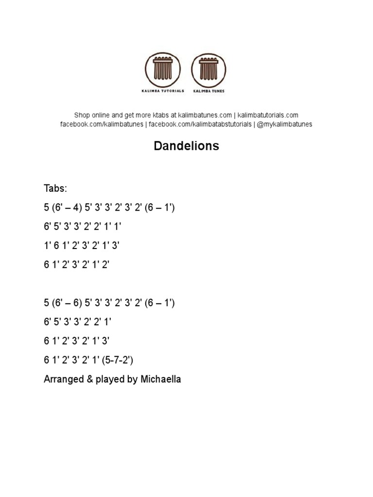 Dandelions by Ruth B. Kalimba Tabs | PDF