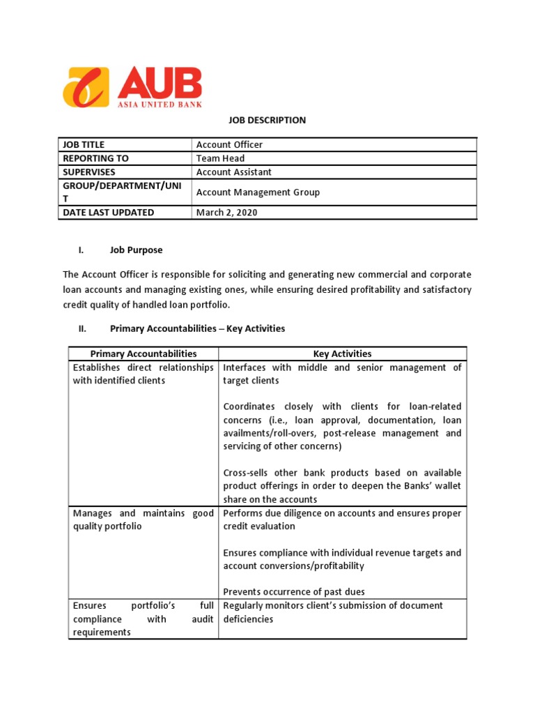 Job Description - Asia United Bank | PDF | Banks | Regulatory Compliance