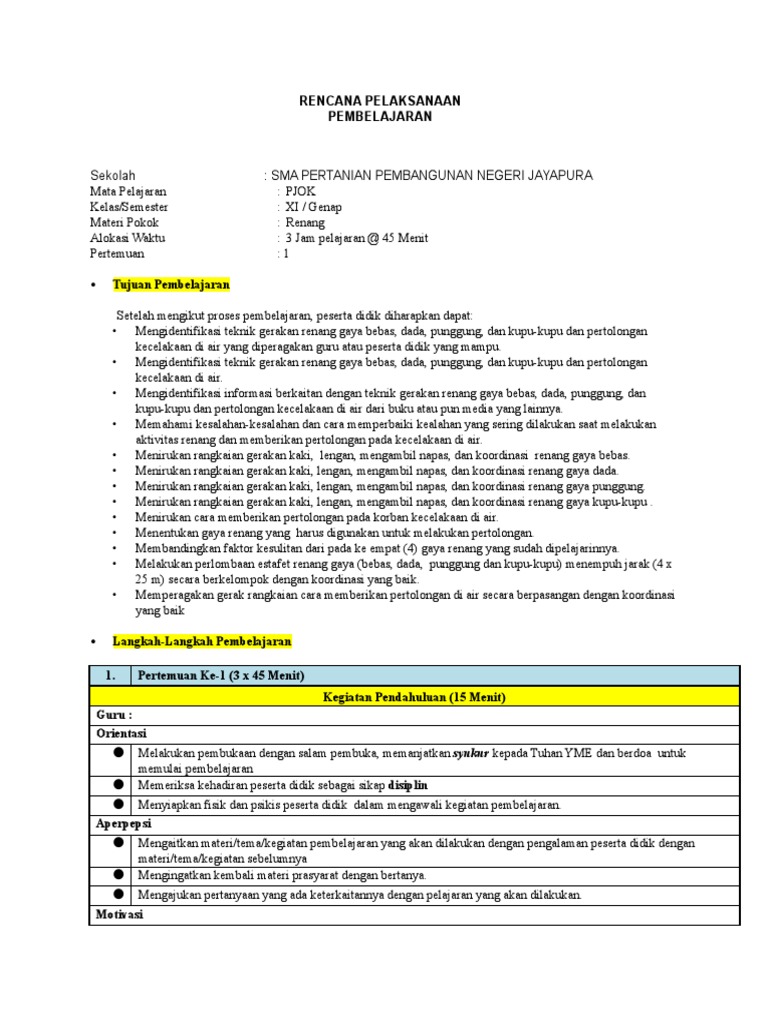 RPP Pjok Sma SMK Kelas 11 Semester 2 | PDF