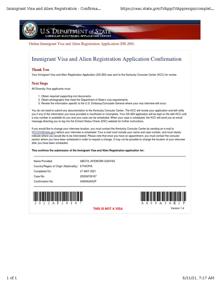 Immigrant Visa and Alien Registration Application Confirmation | PDF ...