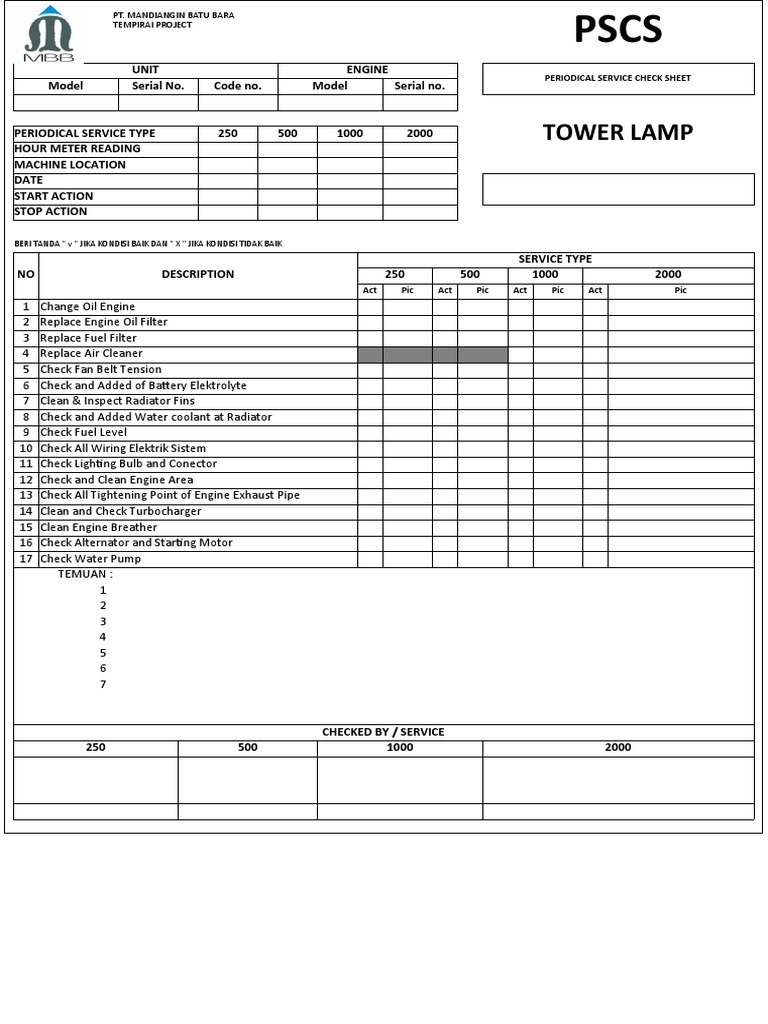 Periodic Maintenance Inspection Sheet for a Lighting Tower | PDF ...