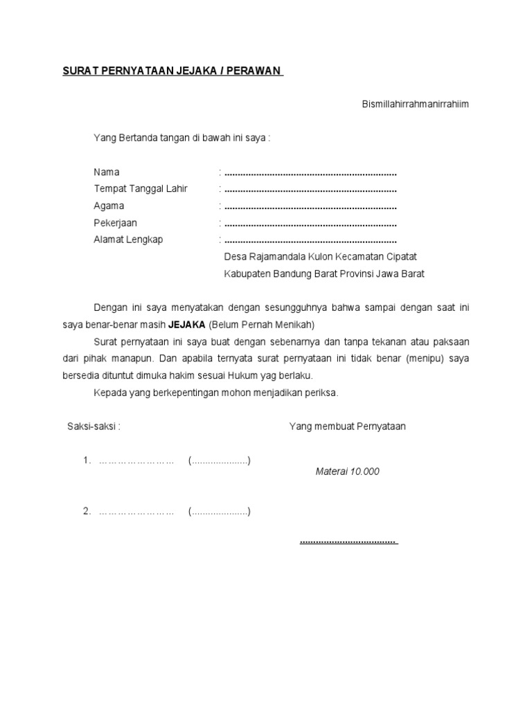 Surat Pernyataan Jejaka Full | PDF