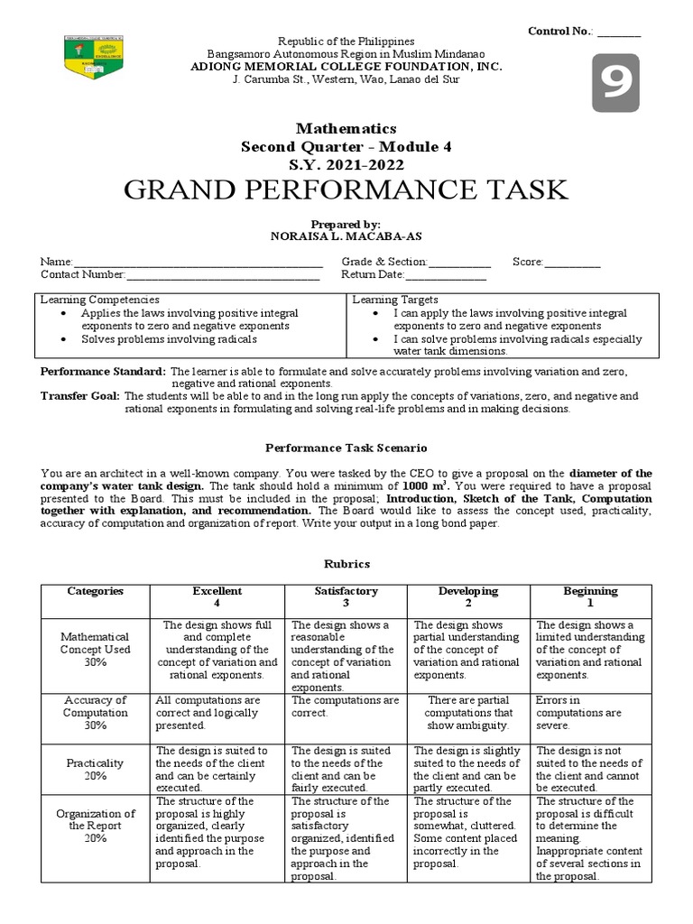 Grand Performance Task: Mathematics Second Quarter - Module 4 S.Y. 2021 ...