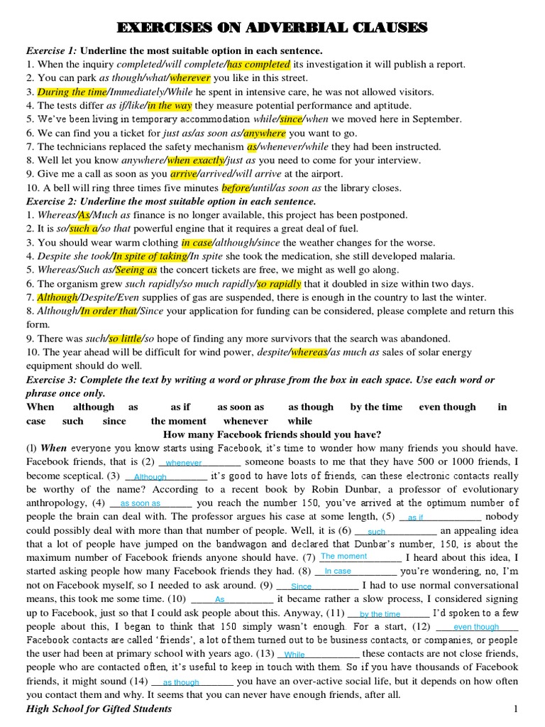 Exercises On Adverbial Clauses | PDF | Facebook | Newspapers