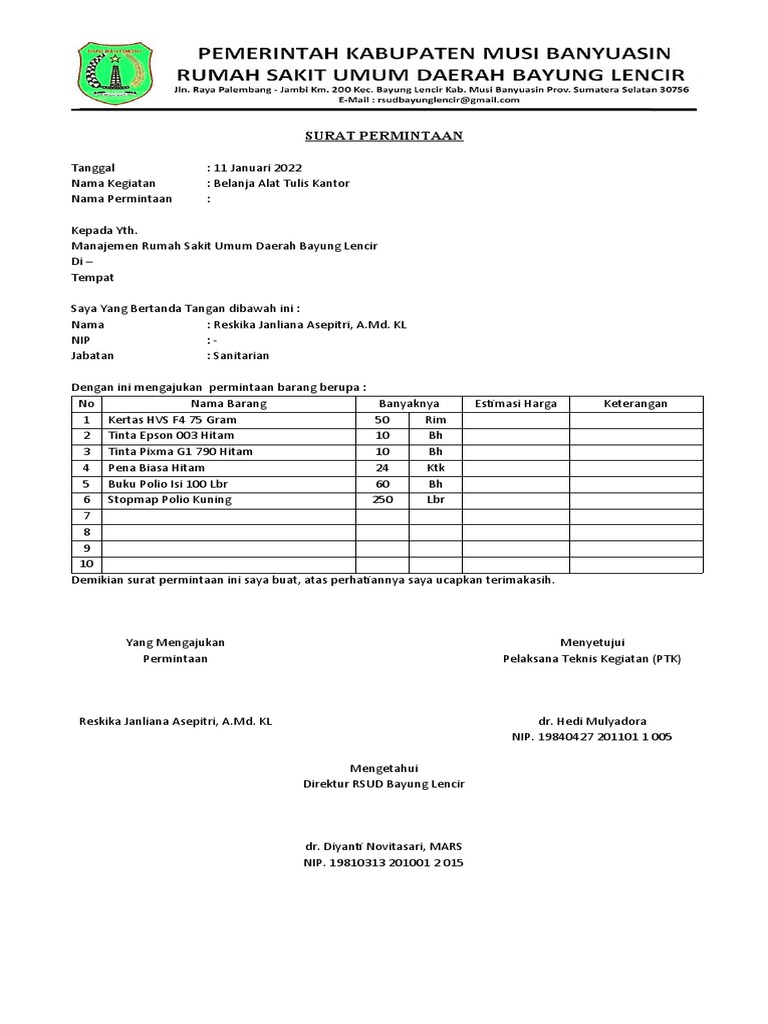 Surat Permintaan Barang Atk | PDF