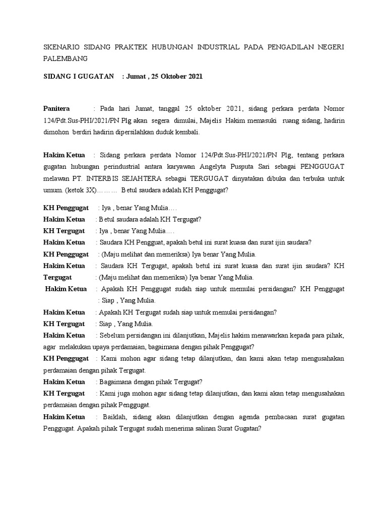Sidang Perdata Hubungan Industrial PN Palembang | PDF