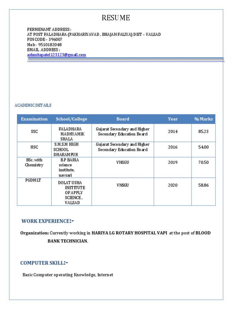 Resume: Examination School/College Board Year % Marks | PDF