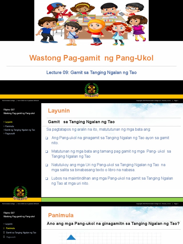 FIL G07 L09 Wastong Gamit NG Pang Ukol - Gamit Sa Tanging Ngalan NG Tao | PDF
