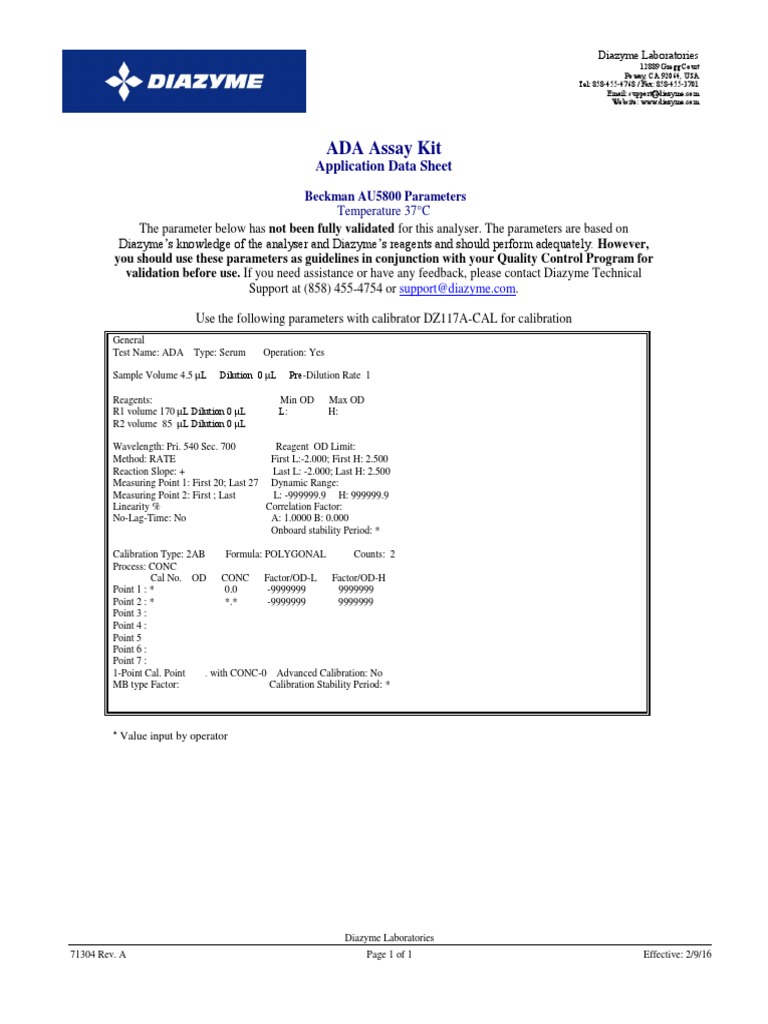 ADA Assay Beckman AU5800 Parameters Rev A | PDF | Assay | Chemistry