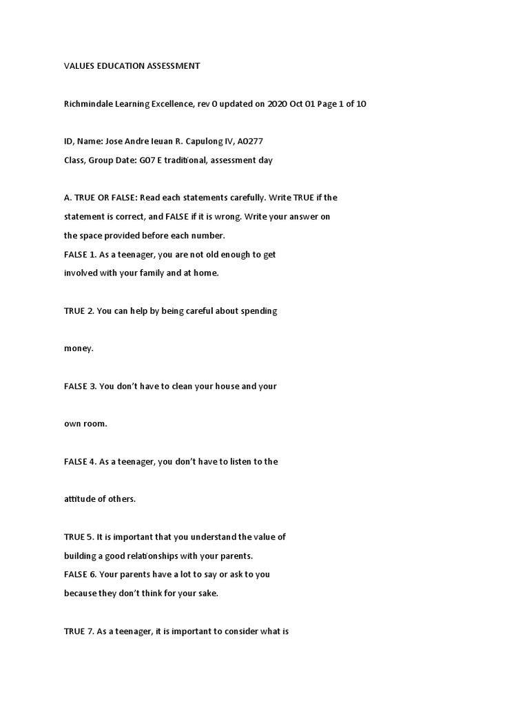 Values Education Assessment L09 | PDF