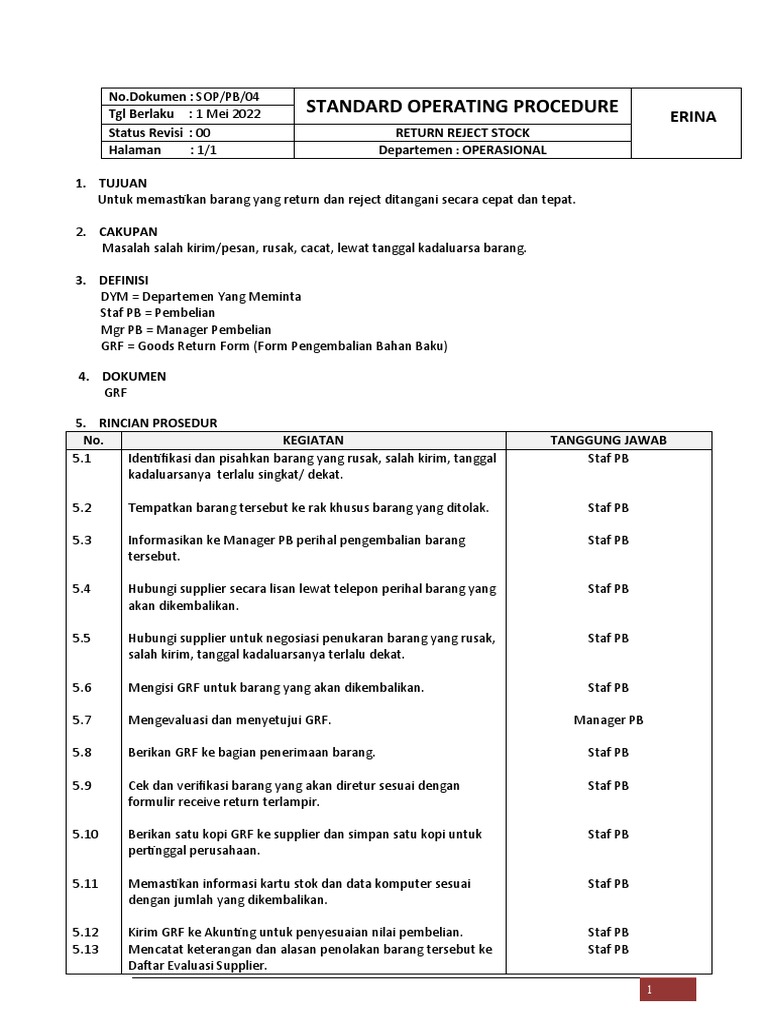 Prosedur Retur dan Barang Reject | PDF