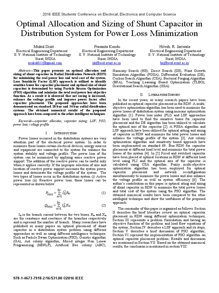 Optimal Allocation And Sizing Of Shunt Capacitor In Distribution System For Power Loss