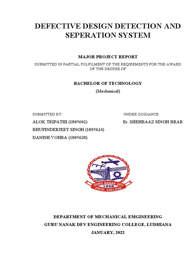 Defective Design Detection And Seperation System Major Project Report Pdf Automation